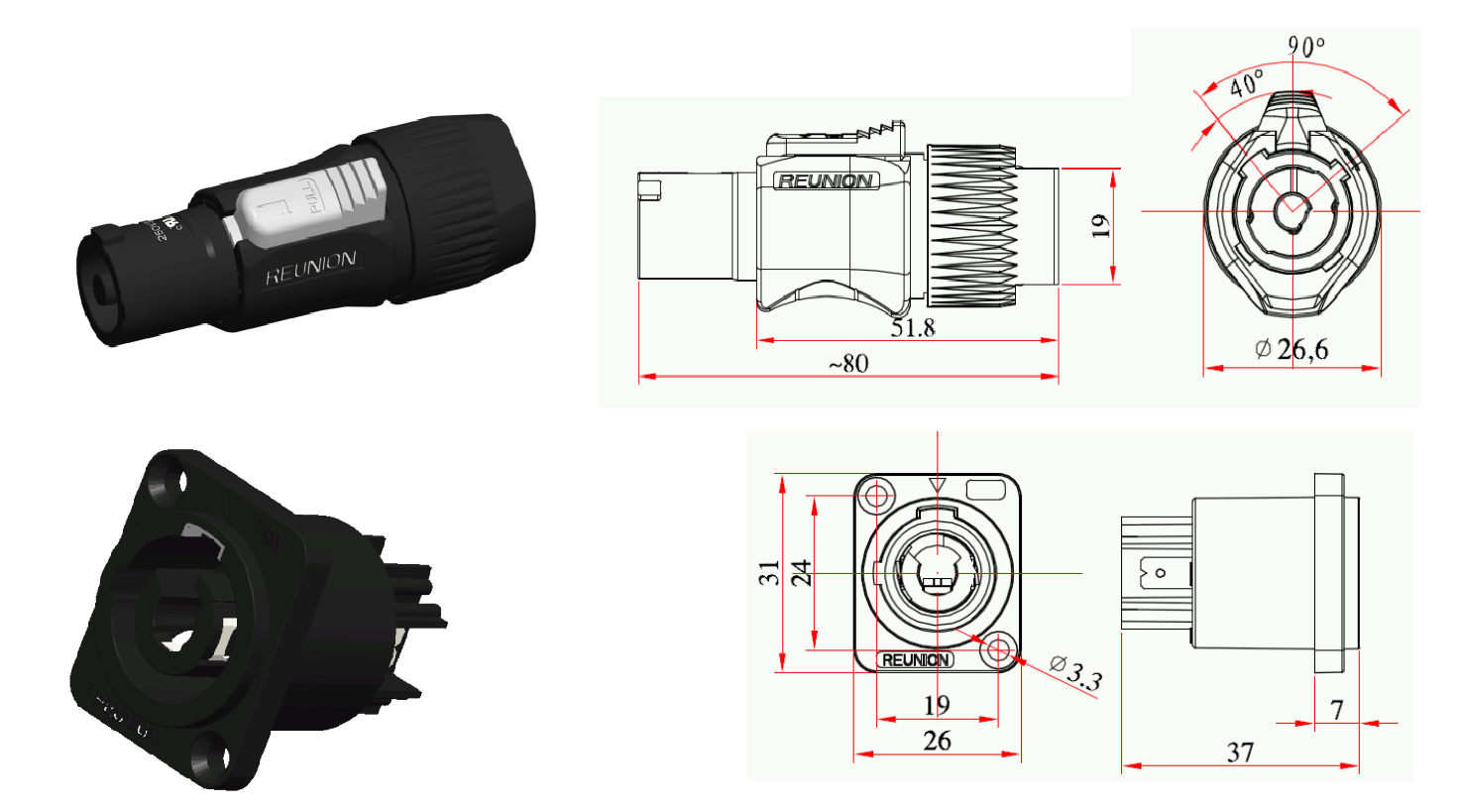 3pin plug and circular square socket led power 3pin power signal IP67 ...